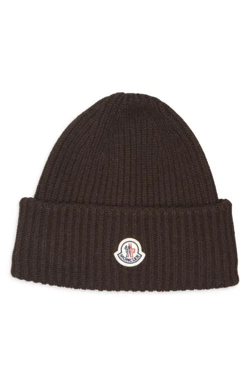 Moncler Logo Patch Virgin Wool & Cashmere Beanie - Dark Brown