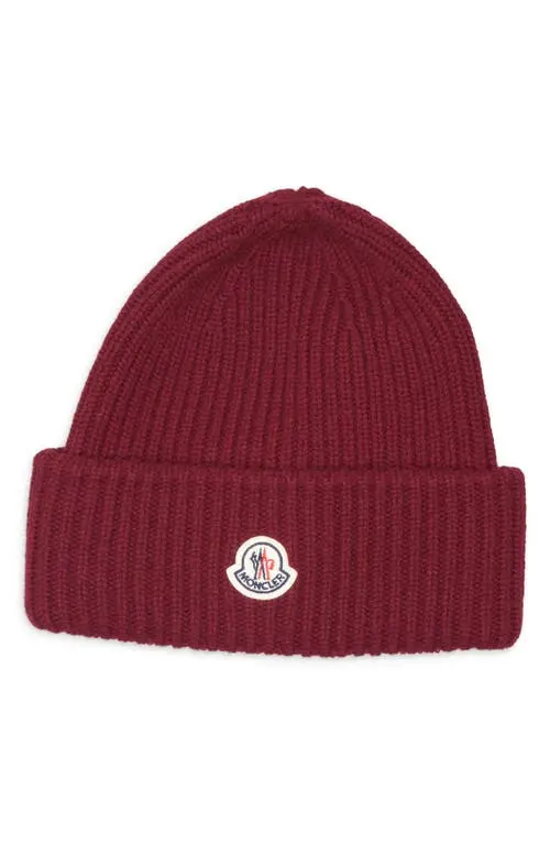 Moncler Logo Patch Virgin Wool & Cashmere Beanie - Dark Mahogany