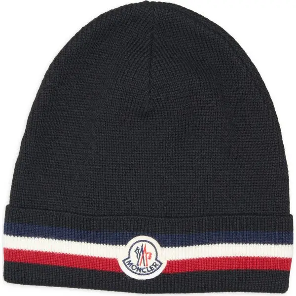 Moncler Tricolor Stripe Virgin Wool Beanie - Black