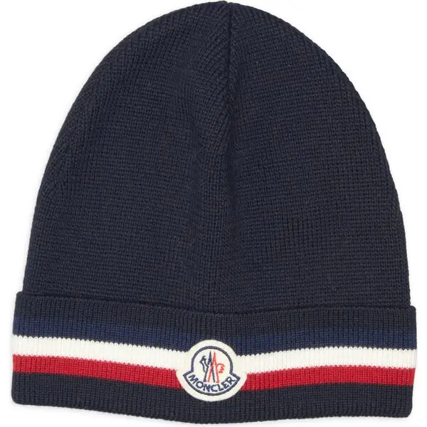 Moncler Tricolor Stripe Virgin Wool Beanie - Navy Blue