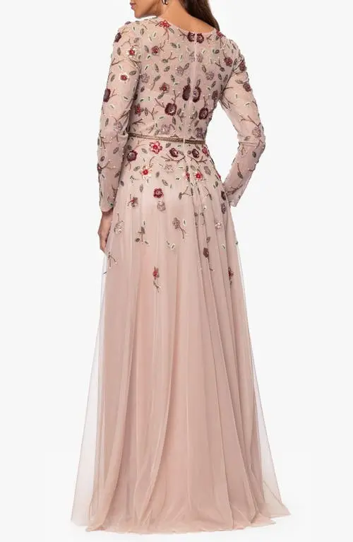 XSCAPE EVENINGS Beaded Long Sleeve Chiffon Gown