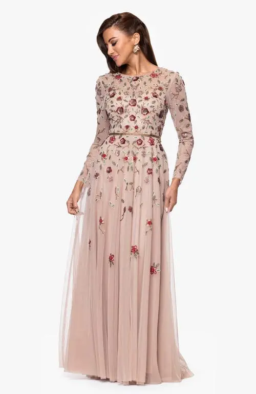 XSCAPE EVENINGS Beaded Long Sleeve Chiffon Gown