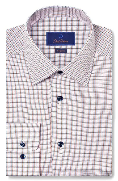 David Donahue Regular Fit Check Cotton Dobby Dress Shirt - White/blue/orange