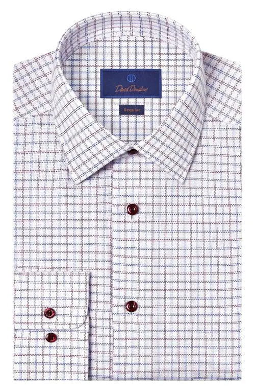 David Donahue Regular Fit Check Cotton Dobby Dress Shirt - Blue/berry