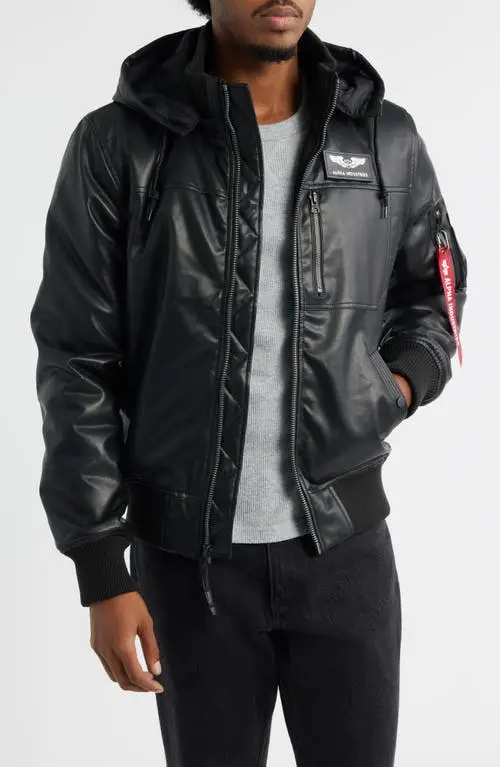Alpha Industries Hooded Faux Leather Flight Jacket