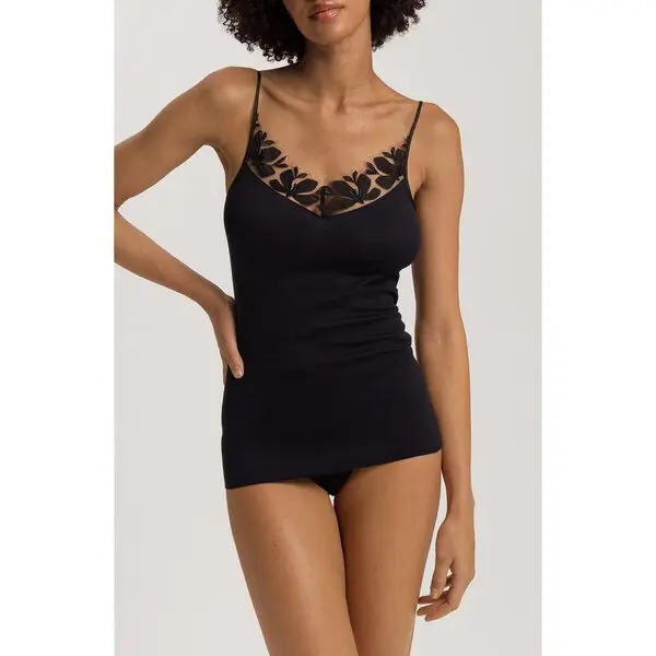 Hanro Kalea Embroidered Trim Cotton Camisole - Black