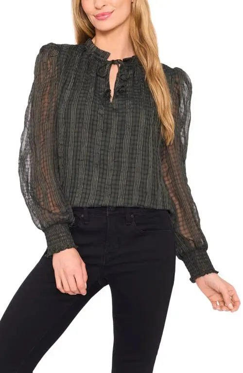 CECE DUPRAZ Mixed Print Split Neck Top - Dark Olive