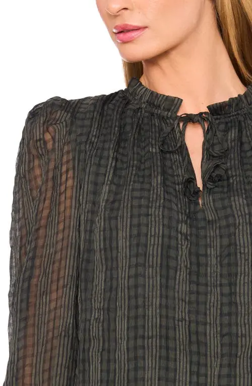 CECE DUPRAZ Mixed Print Split Neck Top - Dark Olive