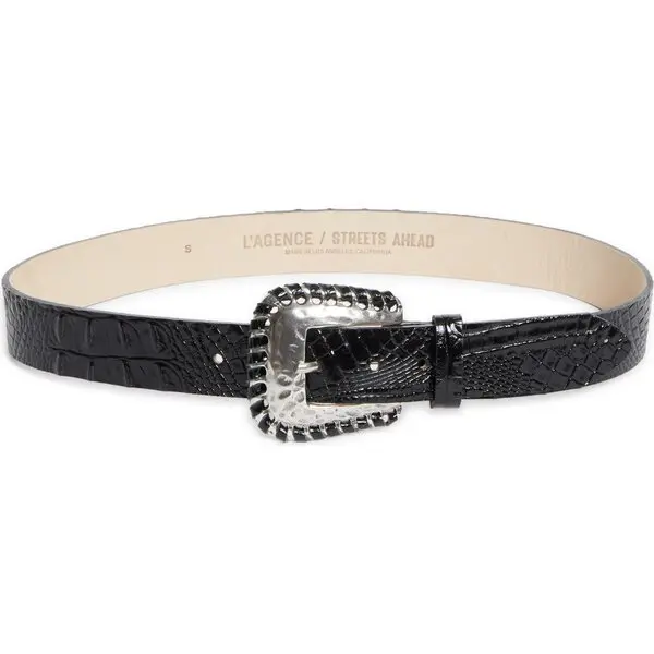 L'Agence Brisa Leather Belt - Black Croc Embossed