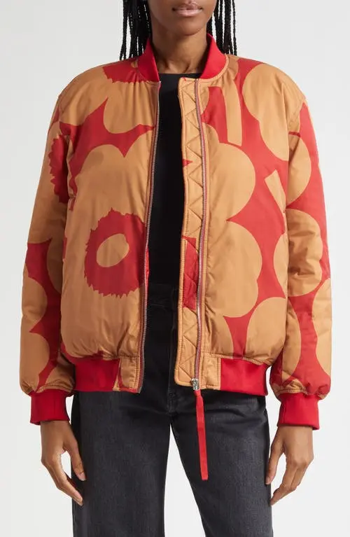 Marimekko Blossa Unikko Padded Bomber Jacket - Red/ Brown