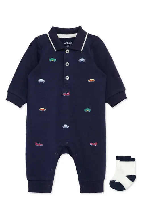LITTLE ME Cars Embroidered Romper And Socks Set - Blue