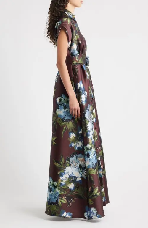 Julia Jordan Floral Print Belted Satin Gown