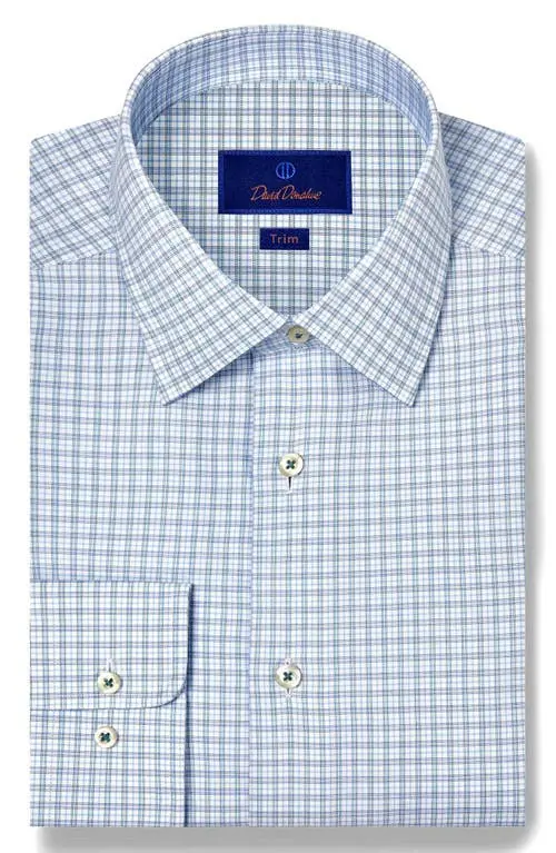 David Donahue Trim Fit Twill Check Dress Shirt - Sky/petrol