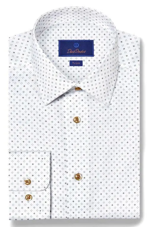 David Donahue Trim Fit Diamond Geometric Print Dress Shirt - White/chocolate