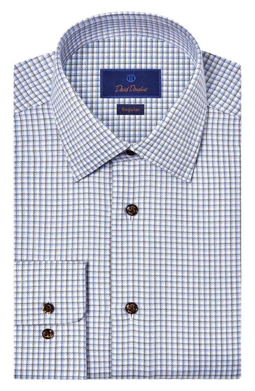 David Donahue Regular Fit Check Print Cotton Dress Shirt - Blue/chocolate