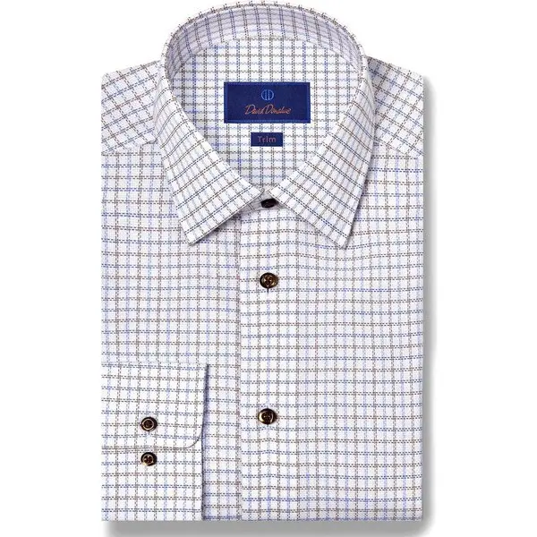 David Donahue Trim Fit Check Cotton Dobby Dress Shirt - Blue/chocolate