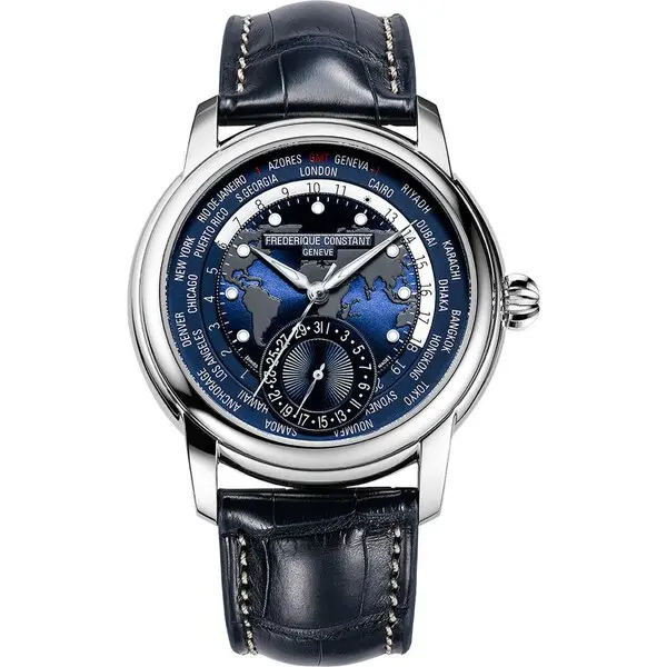 FREDERIQUE CONSTANT Classic Manufacture Worldtimer Automatic Leather Strap Watch - Navy/silver