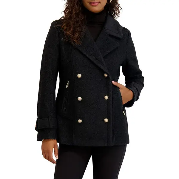 Kensie Bouclé Pea Coat - Black