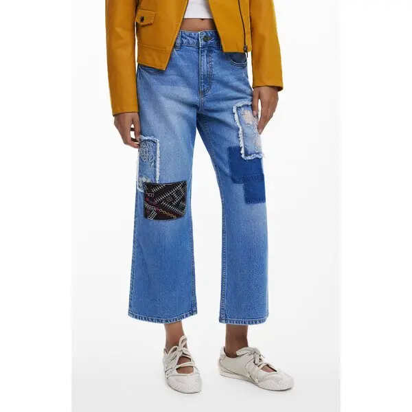 Desigual Patched Mid-rise Cropped Wide Leg Jeans - Medium Blue