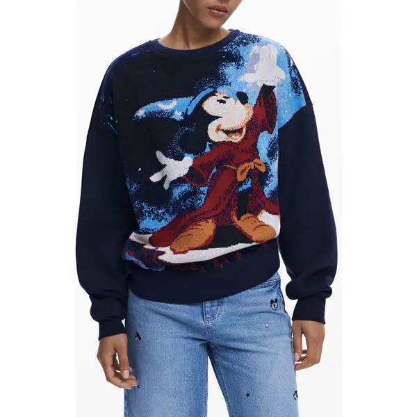 Desigual Mickey Mouse Jacquard Knit Crewneck Sweater