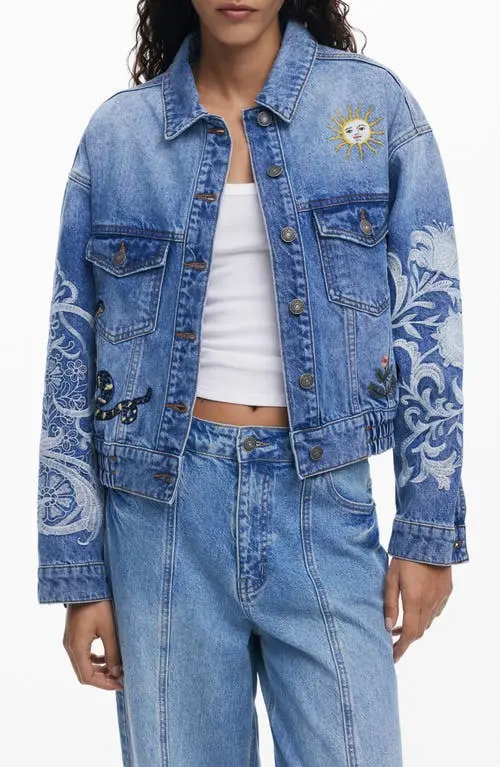 Desigual Embroidered Denim Trucker Jacket - Medium Blue