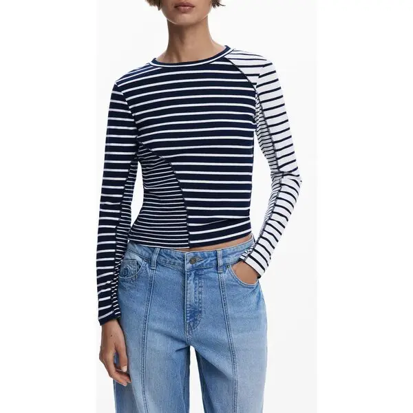 Desigual Mixed Stripe Long Sleeve Rib T-shirt - Navy