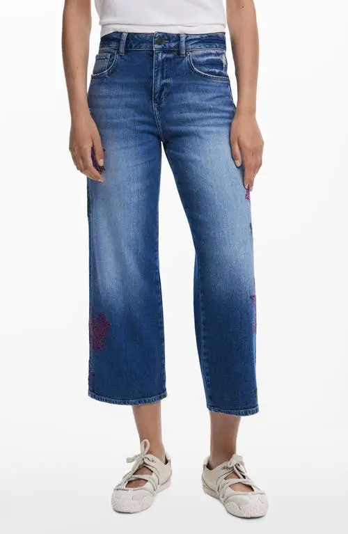 Desigual Leaf Embroidered Cropped Wide Leg Jeans