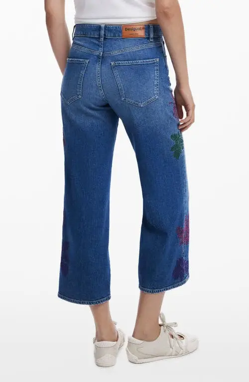 Desigual Leaf Embroidered Cropped Wide Leg Jeans