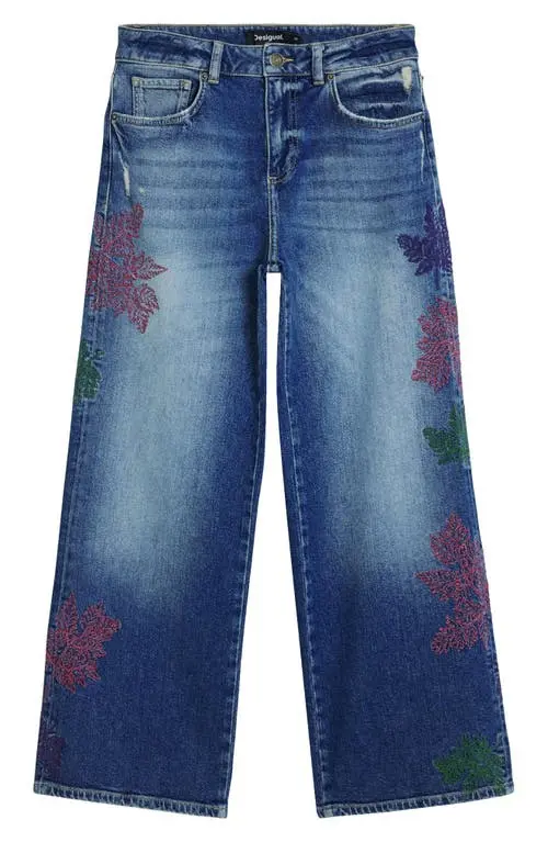 Desigual Leaf Embroidered Cropped Wide Leg Jeans