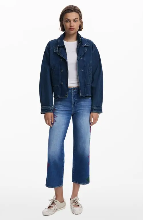 Desigual Leaf Embroidered Cropped Wide Leg Jeans
