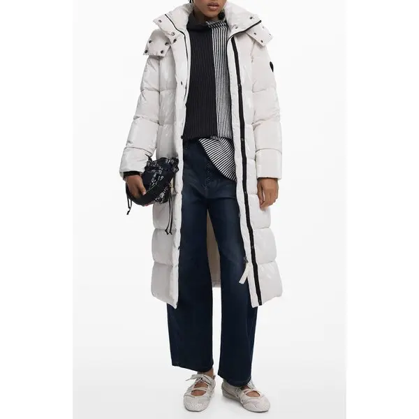 Desigual Quilted Longline Puffer Coat With Removable Hood - White