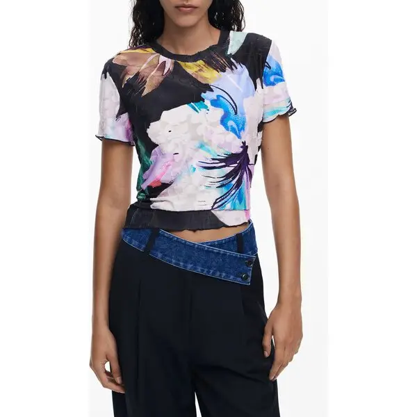 Desigual Texture Floral Short Sleeve Top