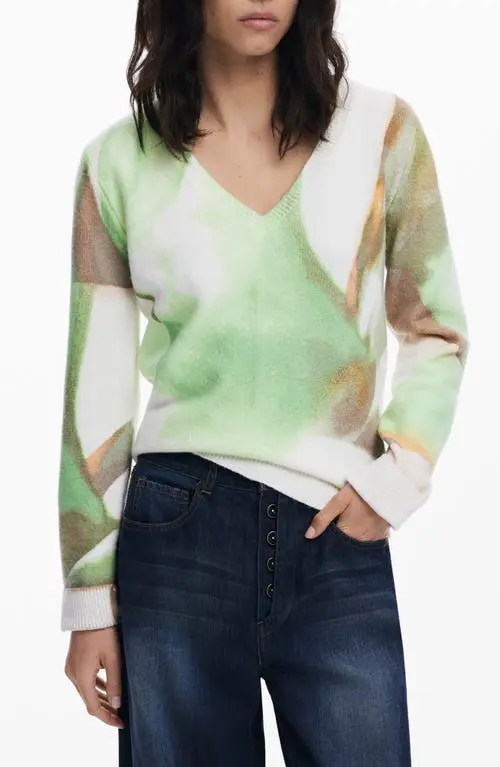 Desigual Abstract Print V-neck Pullover - Light Green