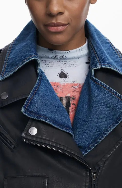 Desigual Denim Trench Coat With Removable Faux Leather Vest - Medium Blue