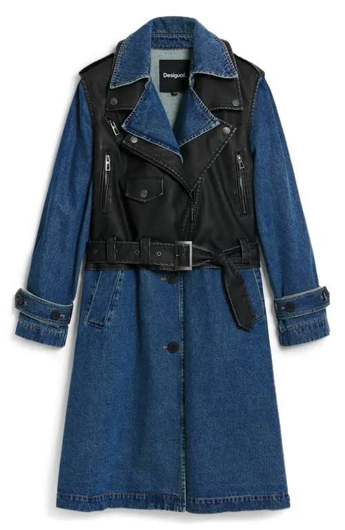 Desigual Denim Trench Coat With Removable Faux Leather Vest - Medium Blue