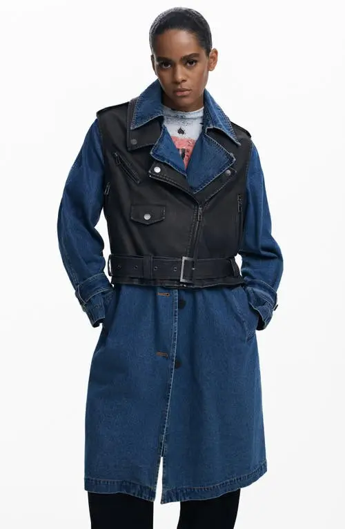 Desigual Denim Trench Coat With Removable Faux Leather Vest - Medium Blue