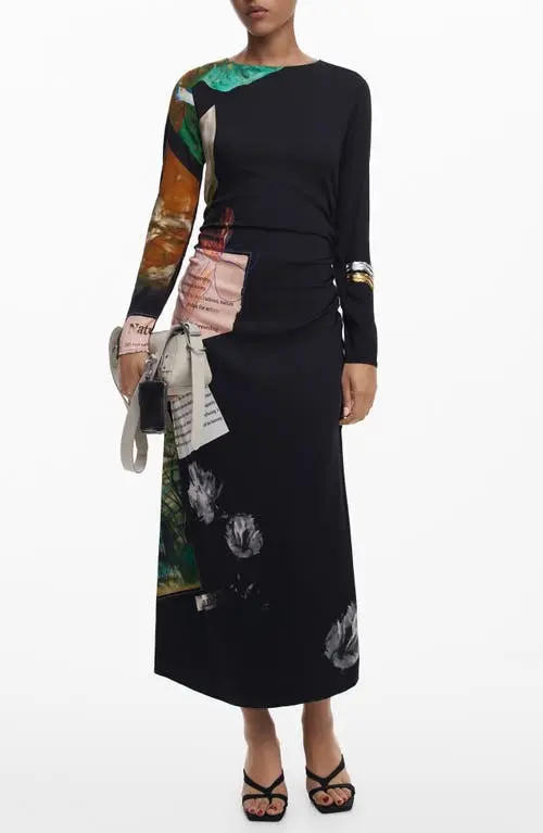 Desigual Mix Print Long Sleeve Midi Dress