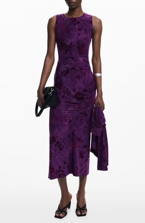 Desigual Floral Stretch Velvet Midi Dress - Medium Purple