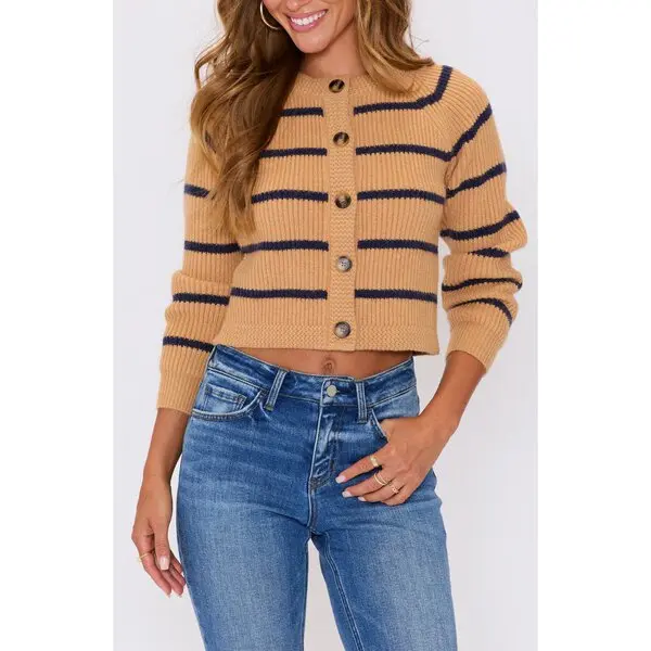 VICI Nadia Stripe Crop Cardigan - Camel Navy