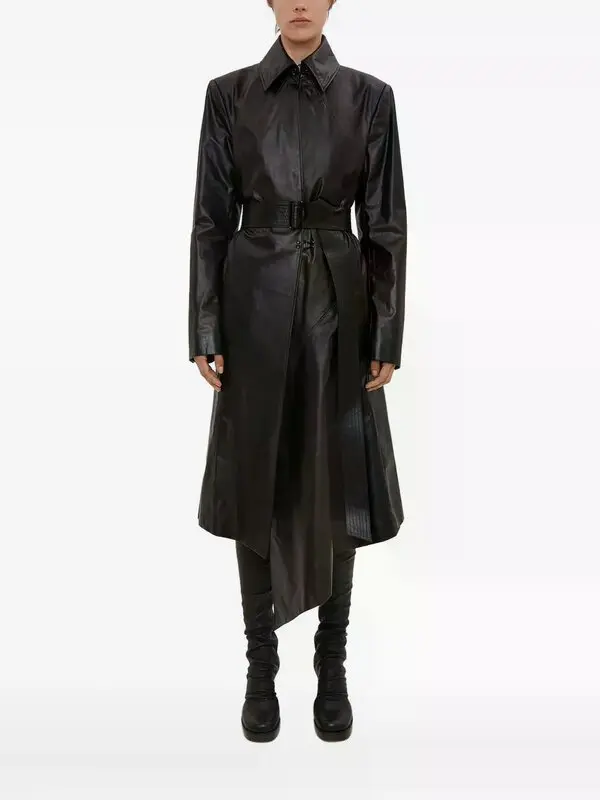 OLIVIER THEYSKENS Pointed-collar Belted Leather Coat