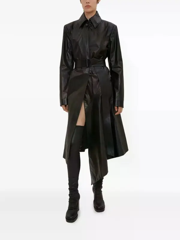 OLIVIER THEYSKENS Pointed-collar Belted Leather Coat