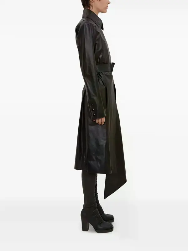 OLIVIER THEYSKENS Pointed-collar Belted Leather Coat