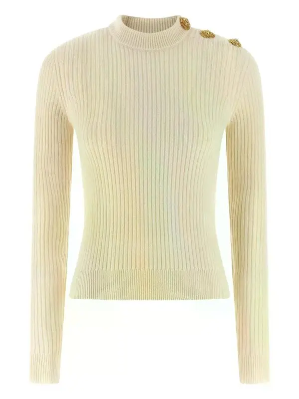 Balmain Ribbed Knit Sweater With Coin Buttons - Neutrals