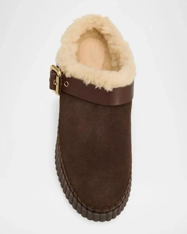 Chloé Nama Suede Shearling-lined Platform Clogs - Sharp Brown