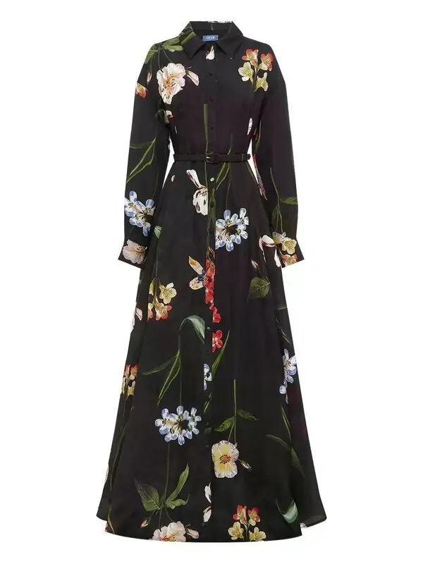 LEO LIN Floral-print Belted Maxi Shirt Dress - Black