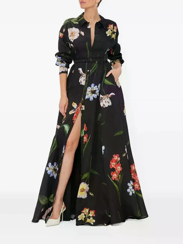 LEO LIN Floral-print Belted Maxi Shirt Dress - Black