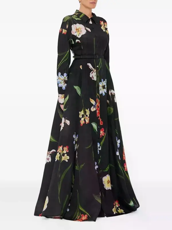 LEO LIN Floral-print Belted Maxi Shirt Dress - Black