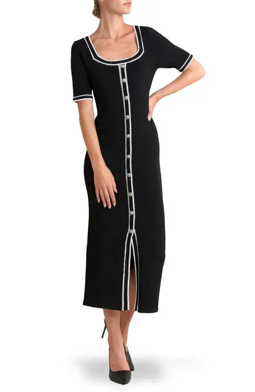 FREEMARKET Knit Midi Dress With Contrast Trim And Decorative Buttons