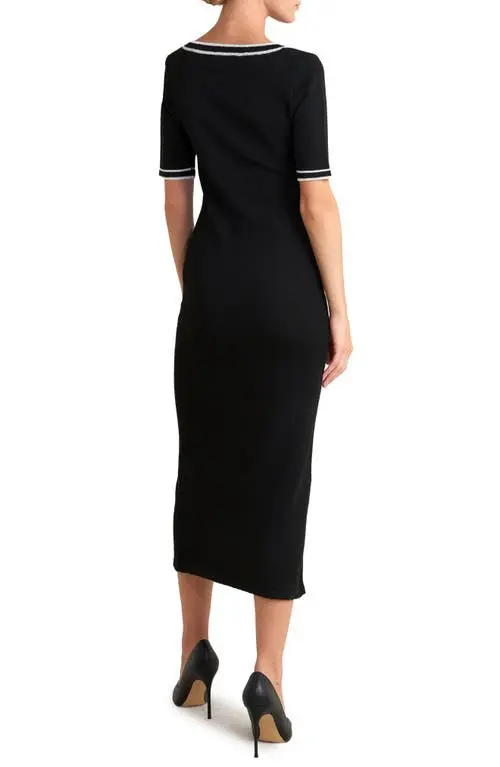 FREEMARKET Knit Midi Dress With Contrast Trim And Decorative Buttons