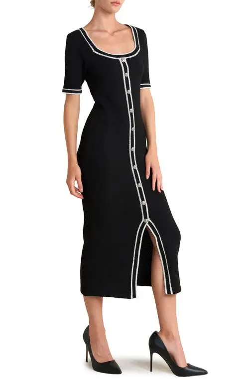 FREEMARKET Knit Midi Dress With Contrast Trim And Decorative Buttons